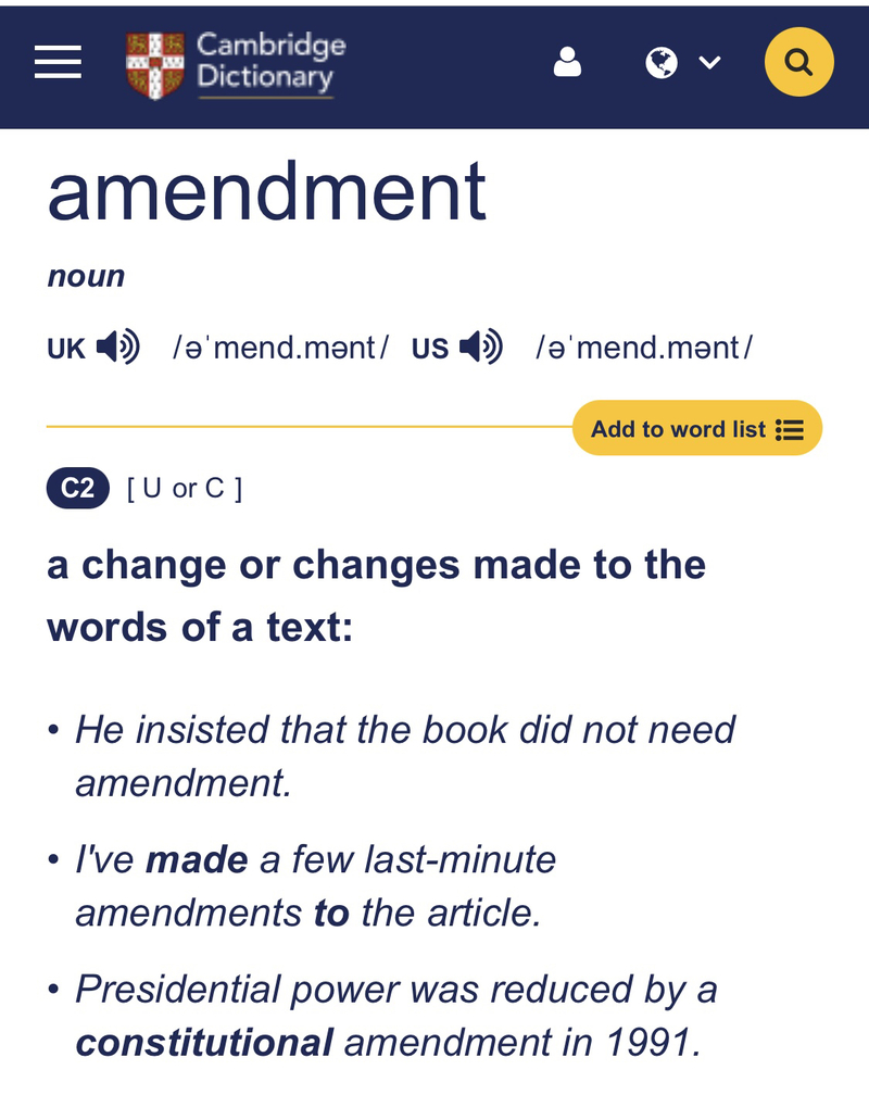 Please show me example sentences with "amendment". | HiNative