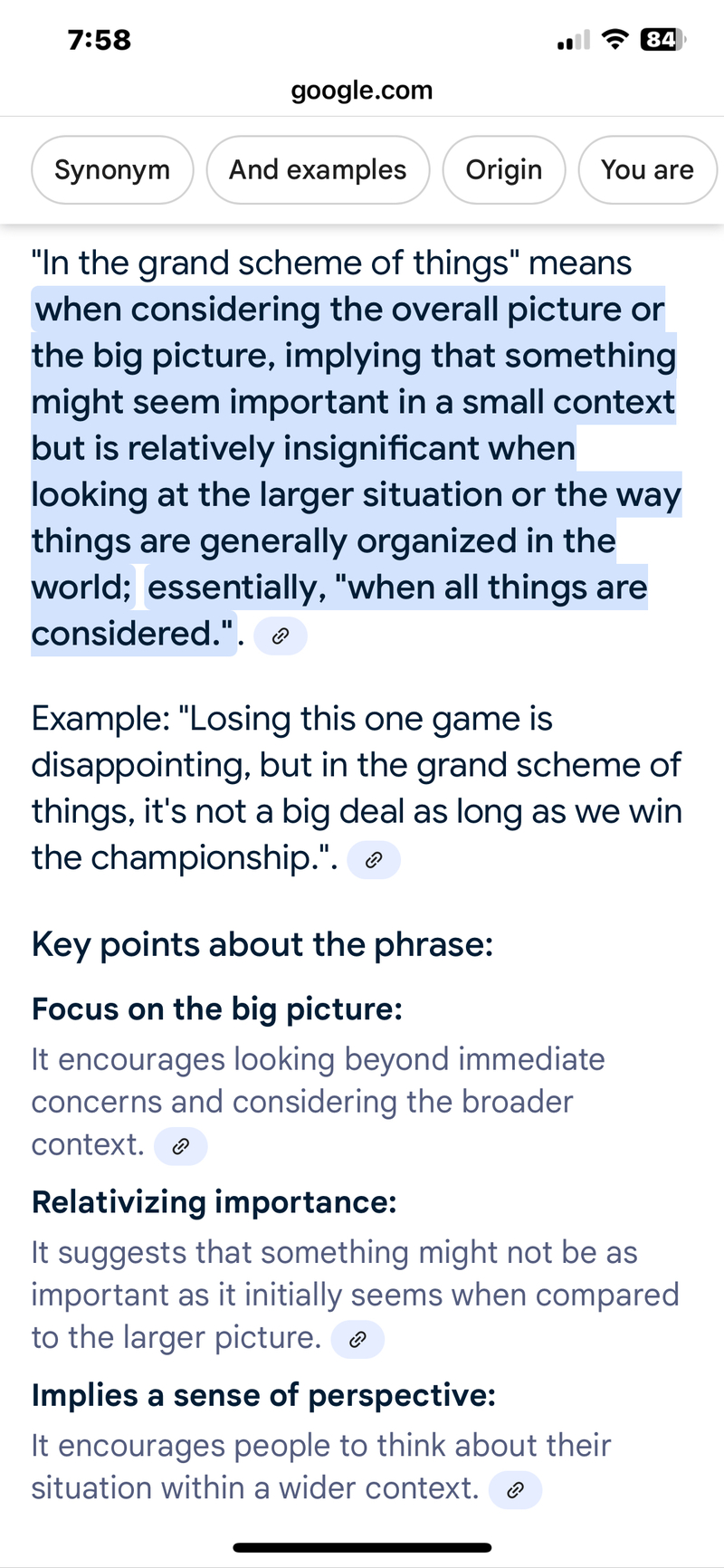 I need someone to explain what the phrase 'in the grand scheme of ...